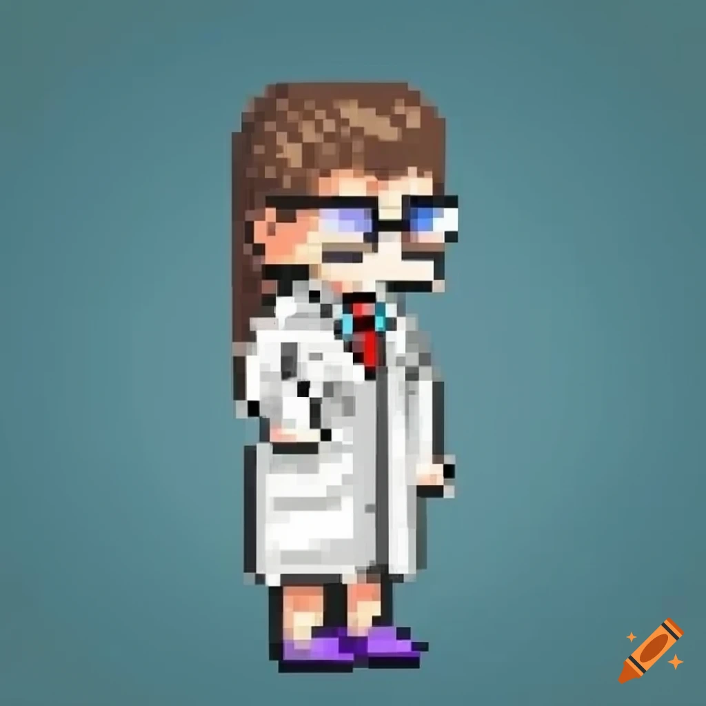 Pixel art character wearing a white lab coat on Craiyon