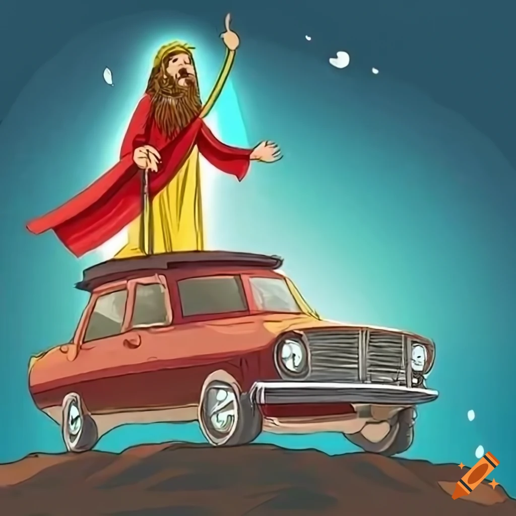 Cartoon jesus christ in lifting an old sedan up to the heavens using ...