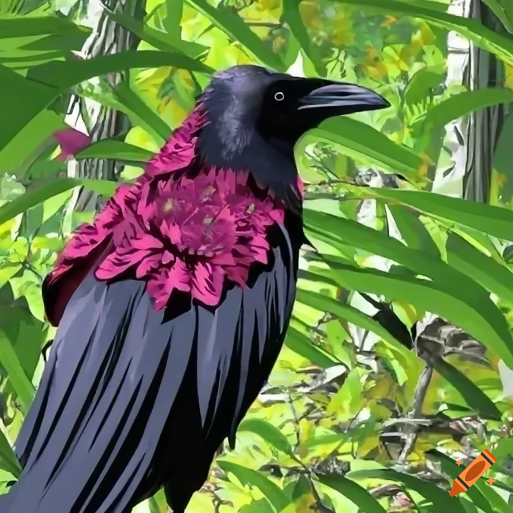 Stylish crow wears a maroon hawaiian shirt in a forest on Craiyon
