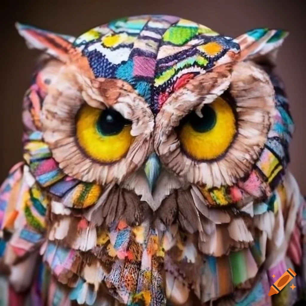 A patchwork owl in a library