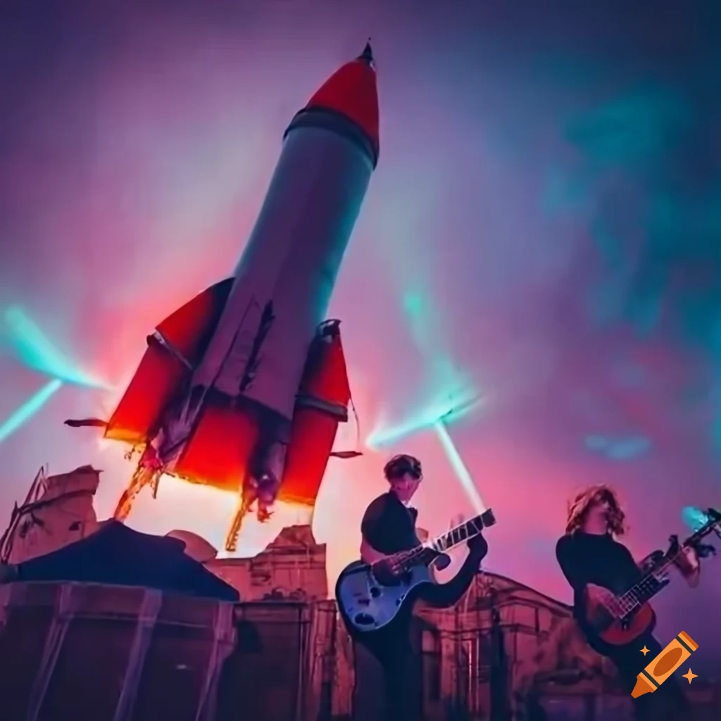 A rock band performing at a rocket launch event, rocket ship in the ...