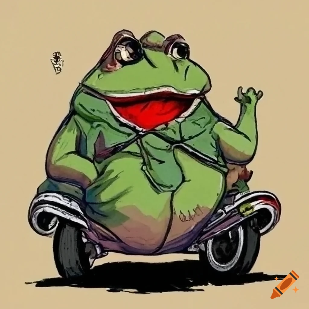 Illustration of a Weird, ugly toad wearing biker clothes, driving a ...