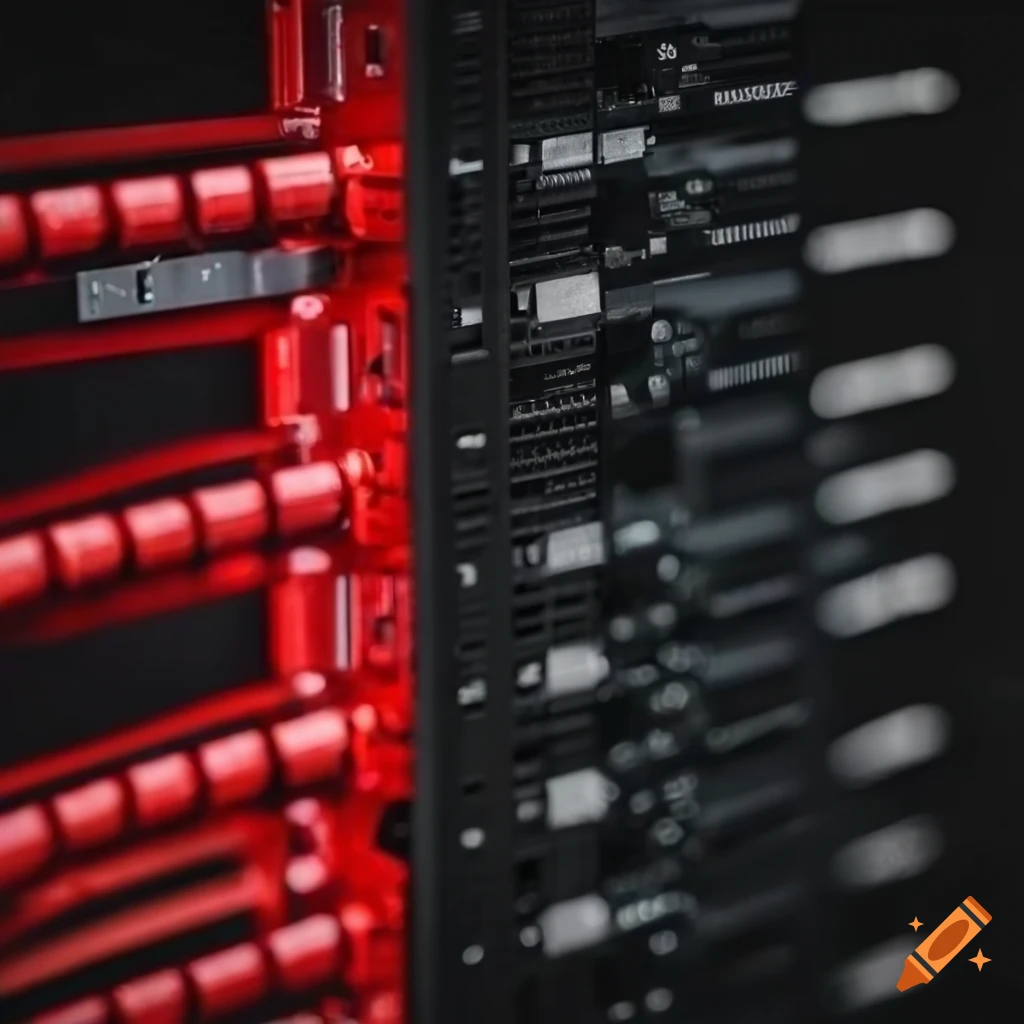 Photograph view of a one red lan cable connect server rack