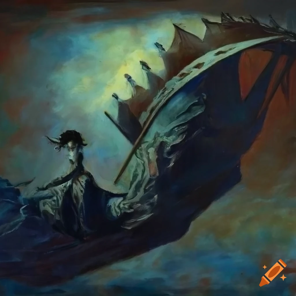 Dark fantasy painting of a woman on an asteroid looking at a flying ...