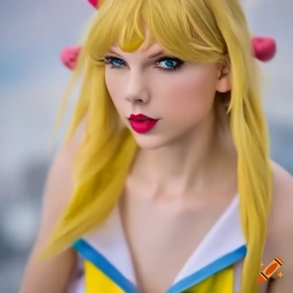 Taylor swift cosplaying sailor moon with long yellow pigtails on Craiyon