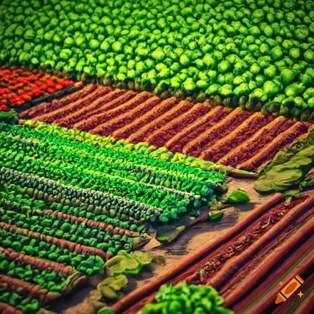 An image of a small farm with a variety of fruits and vegetables ...