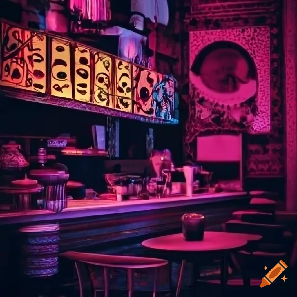 Coffee shop wallpaper of dots and musical symbols, psychedelic on Craiyon