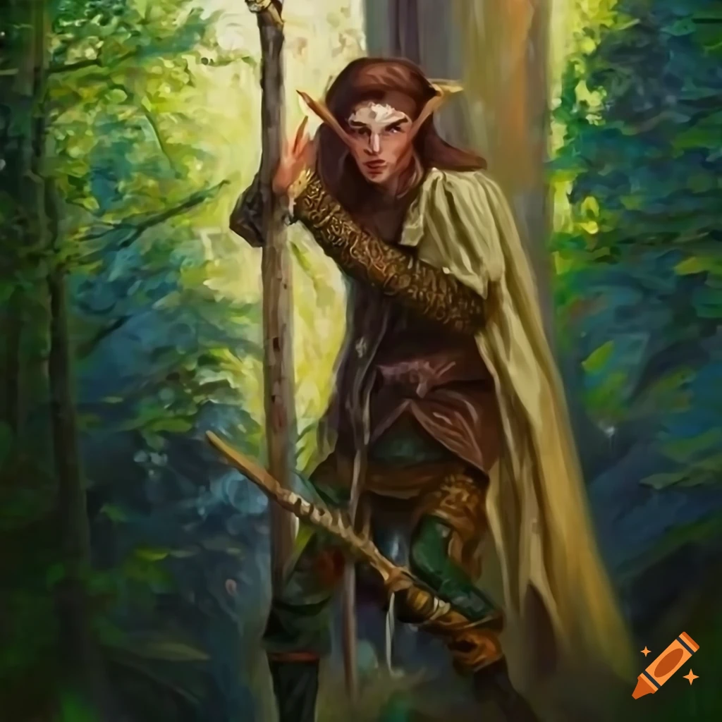 Elf man with a staff and sword in the forest