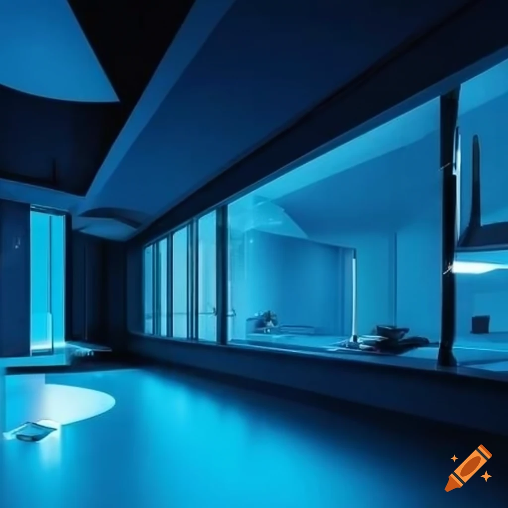 Interior of a futuristic high-tech loft with stunning views