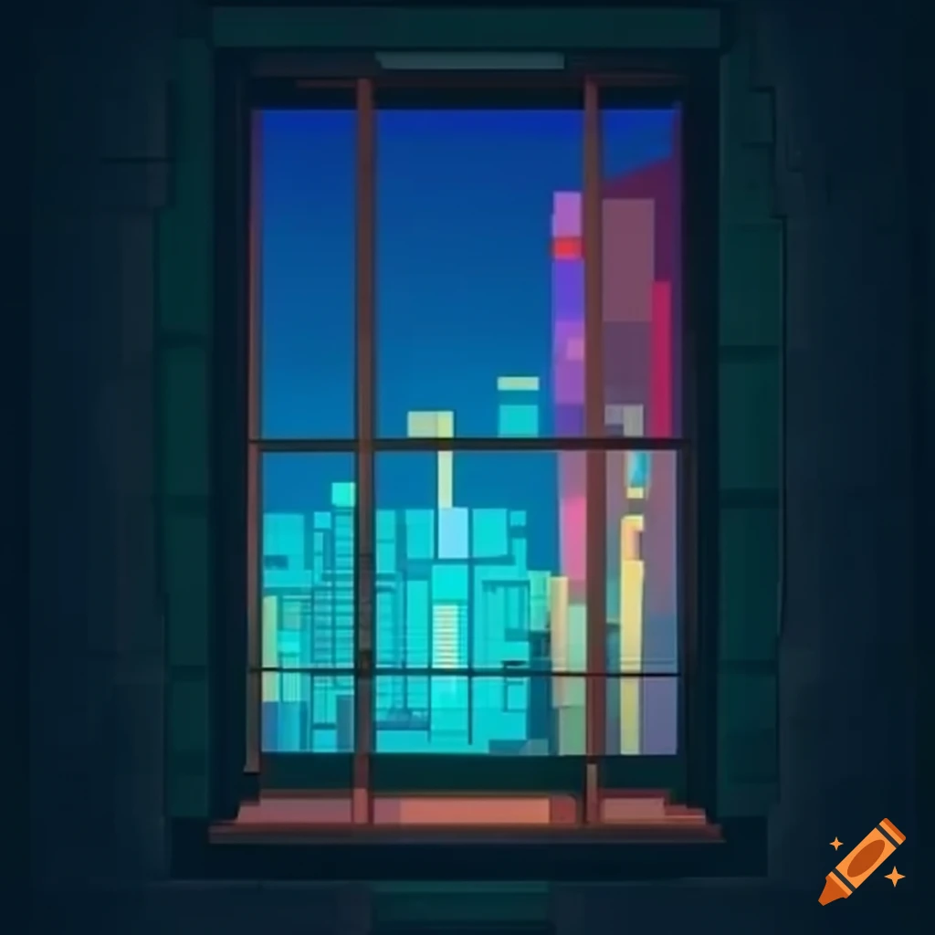 Pixel window looking out into a city on Craiyon