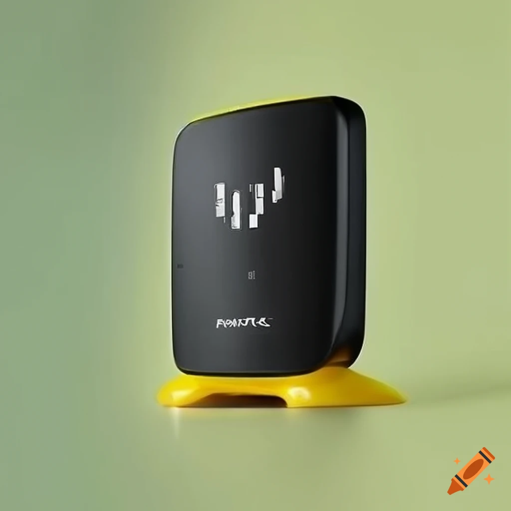 Neat yellow Wi-Fi modem with black DARCOM logo on Craiyon