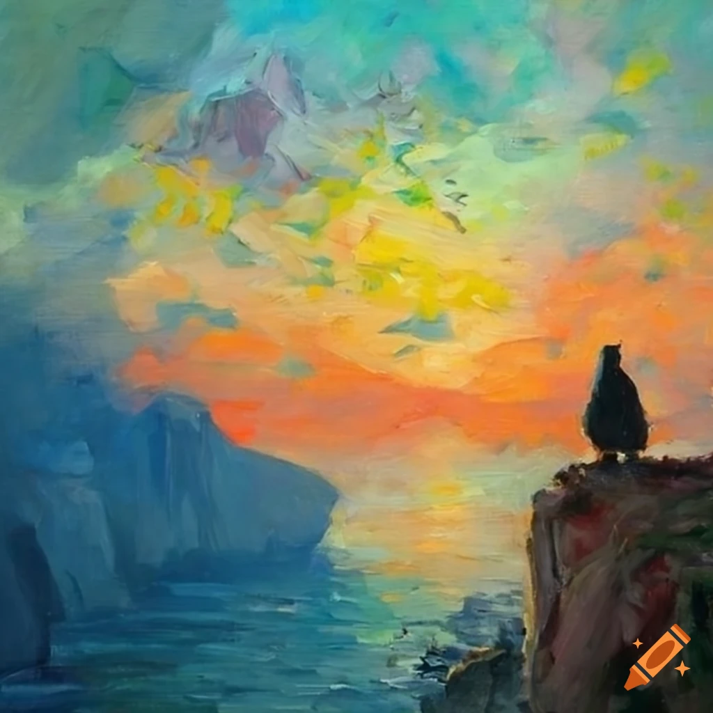 Impressionist painting of "the fool" on a cliff top on Craiyon