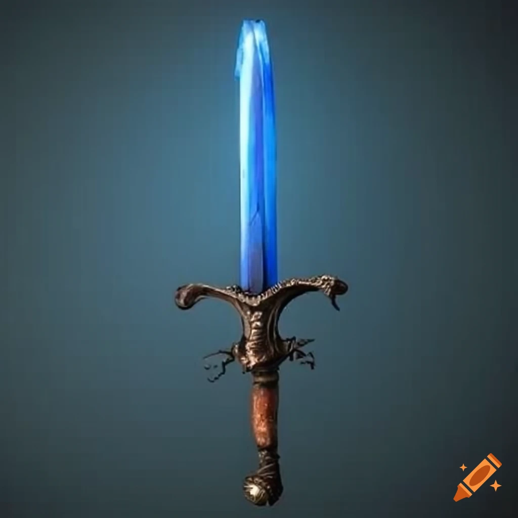 An antique legendary sword from ruins with strange mysterious blue aura ...