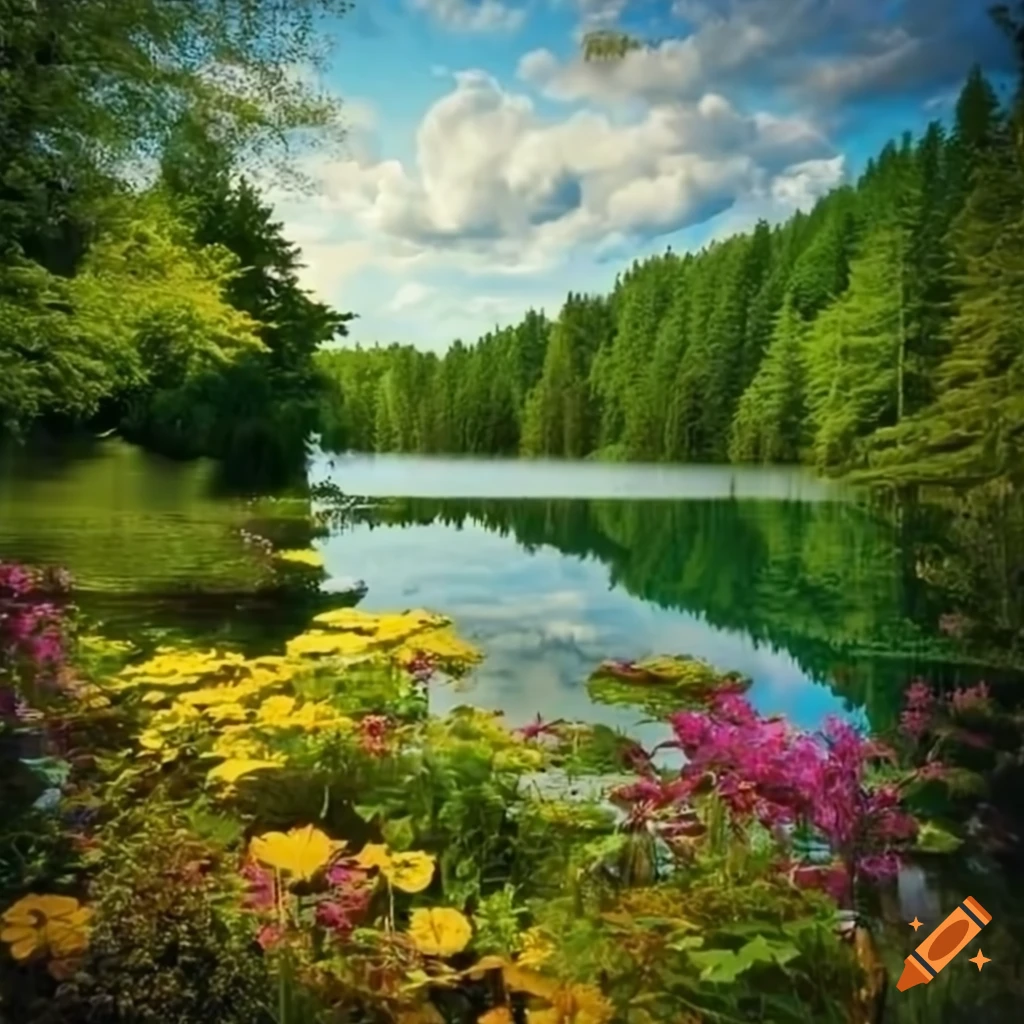Landscape, lake, island, forest flowers