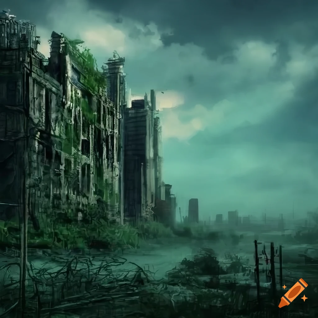 Post-apocalyptic city overgrown by vegetation