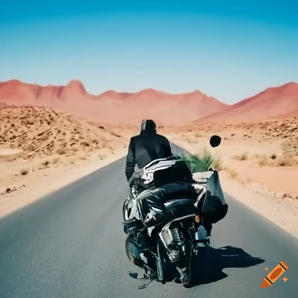 Rear view of motorcycle leaning sharply into left lane of desert road ...