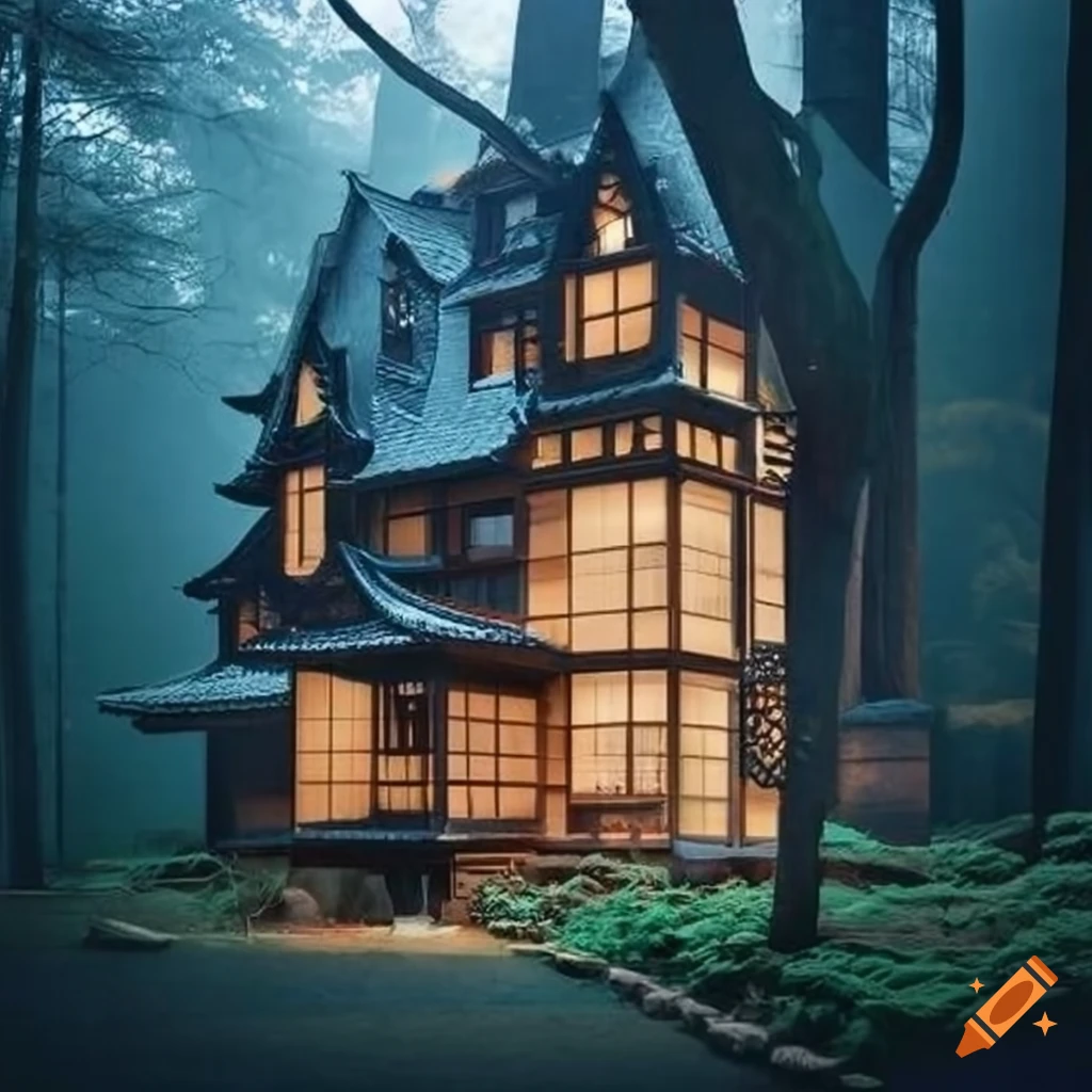 Japanese and gothic mixed style house in a vibrant forest on Craiyon