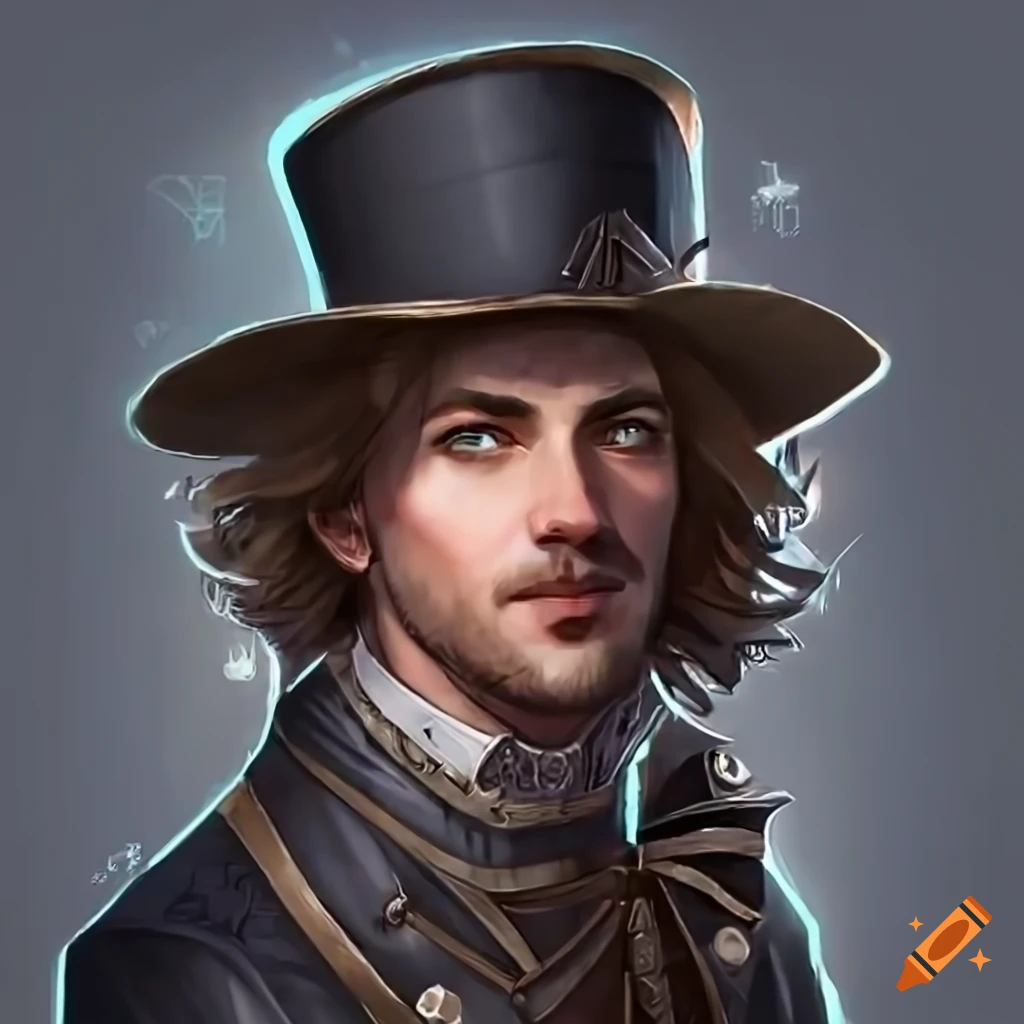 Handsome dnd male artificer, excited expression, Victorian tophat ...