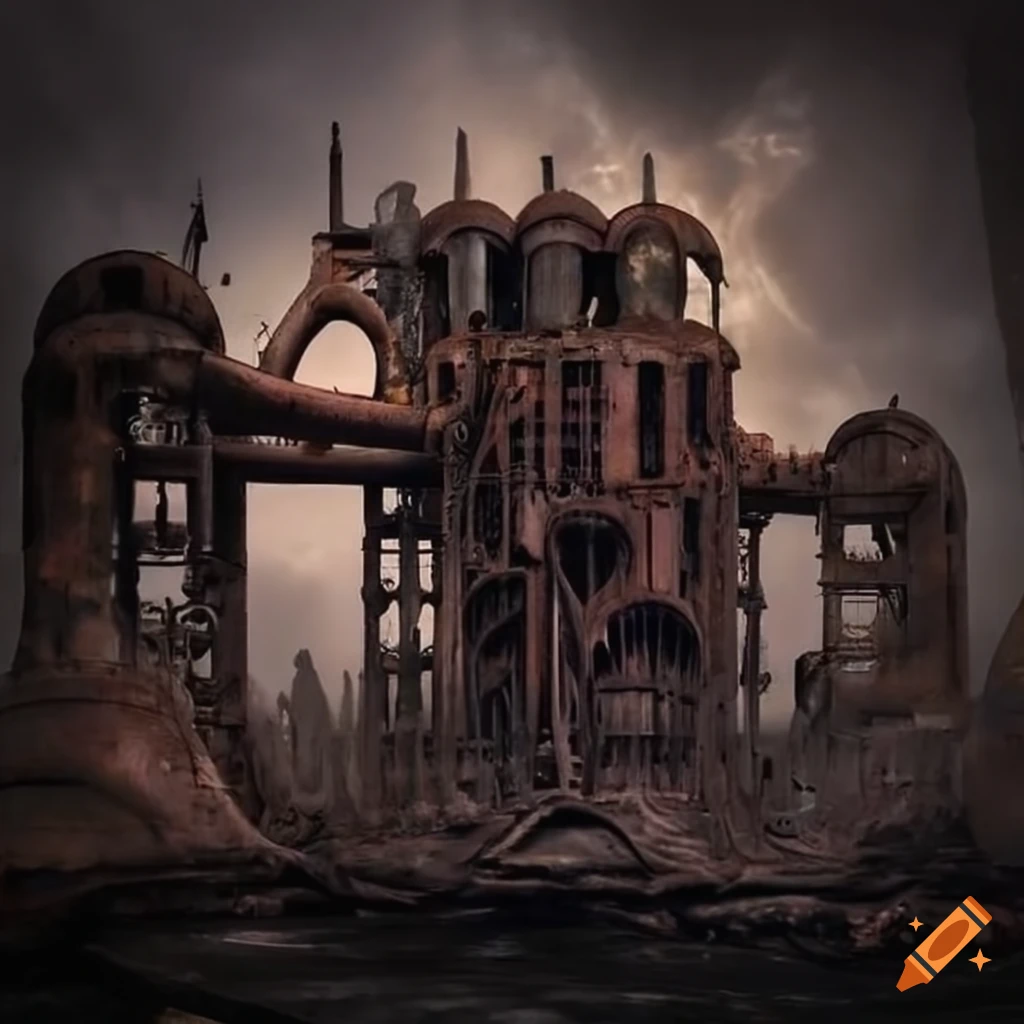 Abandoned rusty industrial complex h.r. giger biomech style on a rocky ...