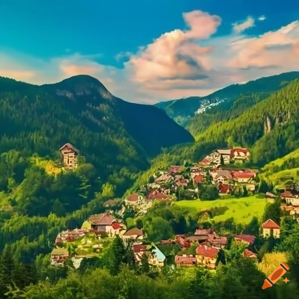 A picture of a beautiful village on top of a mountain with forests