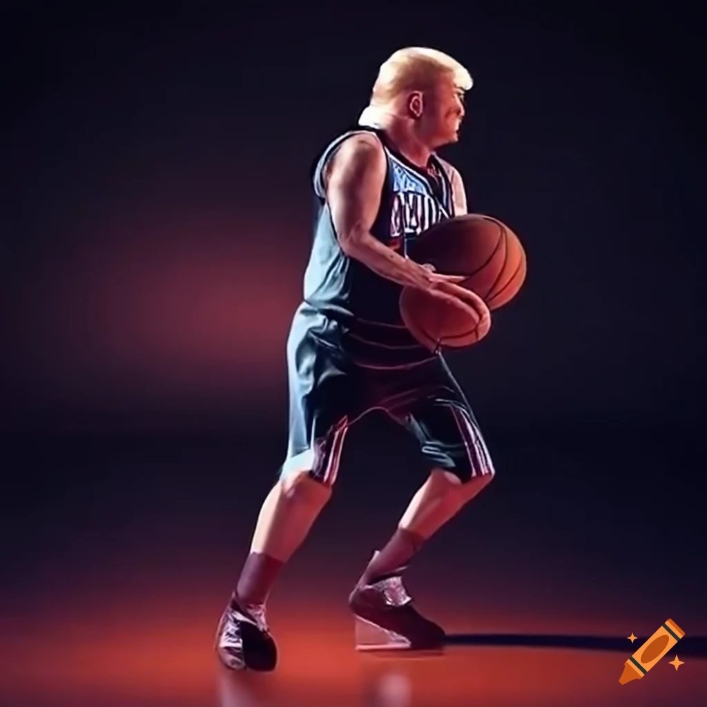 Donald trump playing basketball in a trailblazers uniform