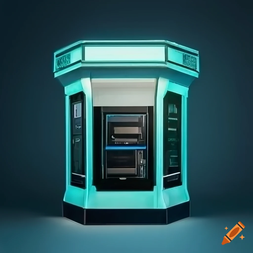 Octagonal 2 level exchange kiosk with a front panel containing the ...