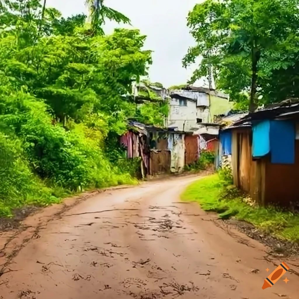 Draw an image of a clean rural area road with some slum houses and greenery