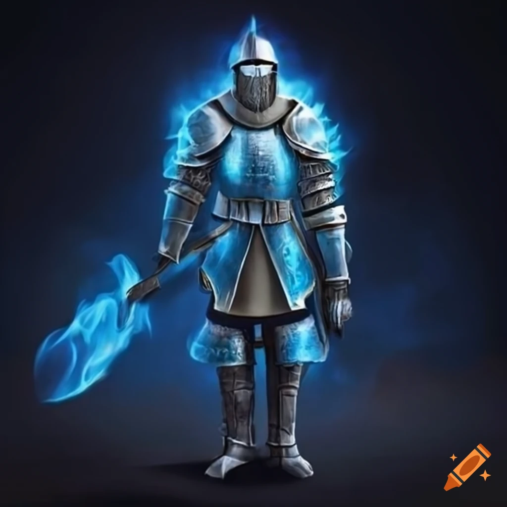 A knight with with eyes glowing cold and blue flames on Craiyon