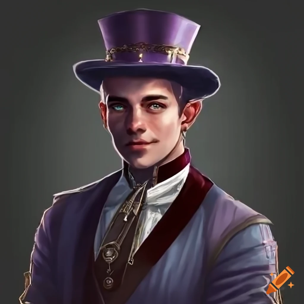 Handsome dnd male artificer, excited expression, Victorian top-hat portrait, 4k, high-detailed ...