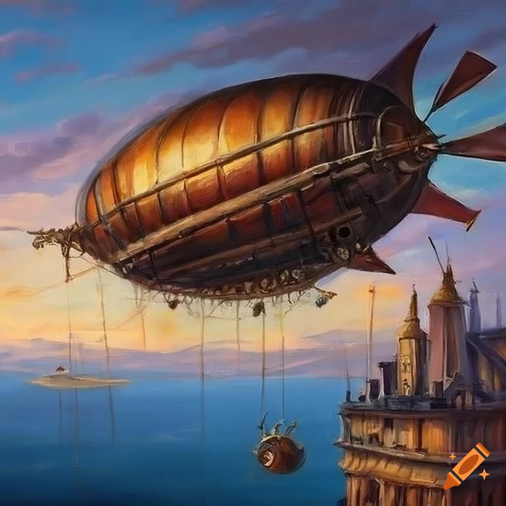 Steampunk airship in the sky painted by daniel f. gerhartz, magical realism, soft colors, oil on ...