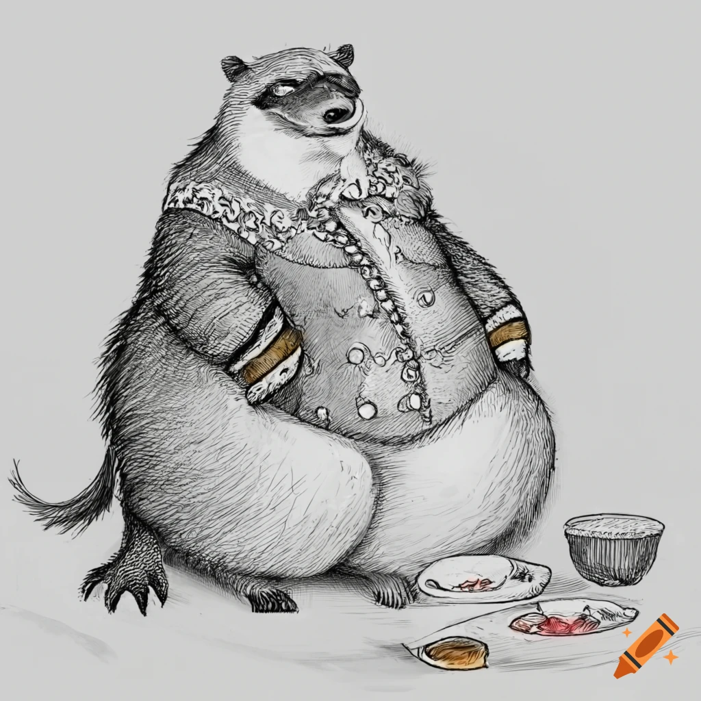 A fat bloated gluttonous anthro badger king wearing a royal coat with ...