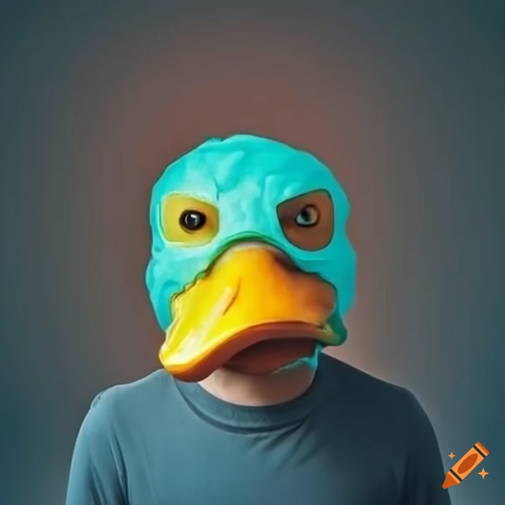 Man with cyan duck mask and yellow beak so angry