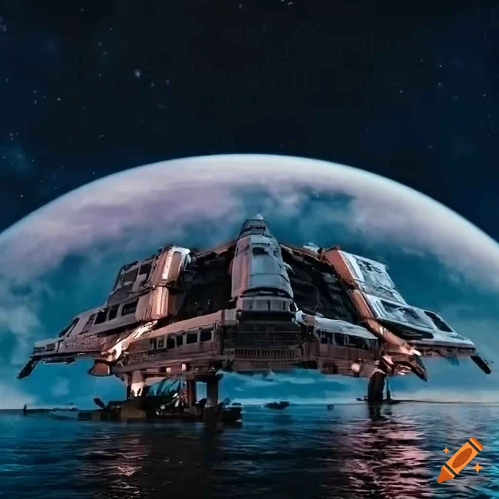 Spaceship in the style of star wars on a landing platform on planet ...