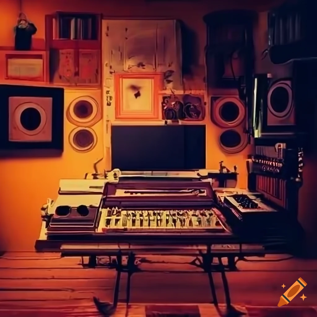 Messy recording studio. Dim light. Disney vintage movies style on Craiyon