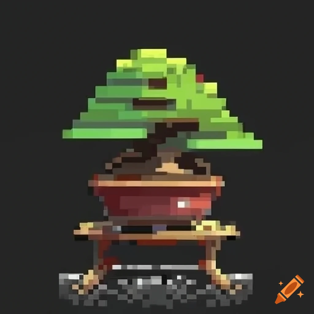 Meticulous pixel art of a bonsai tree in a tiny pot