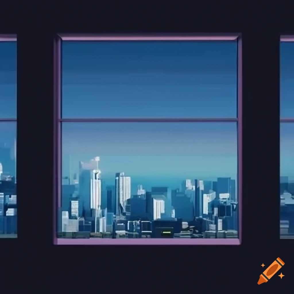 Pixel window looking out into a city