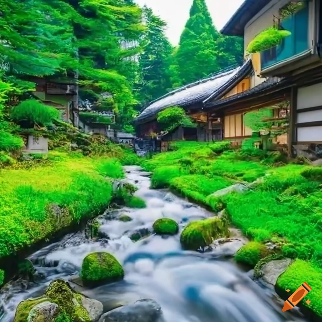 Small traditional japanese village in a sparse forest with a tiny ...