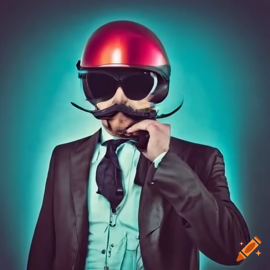 Man with handlebar moustache dressed in suit wearing retro motorcycle ...