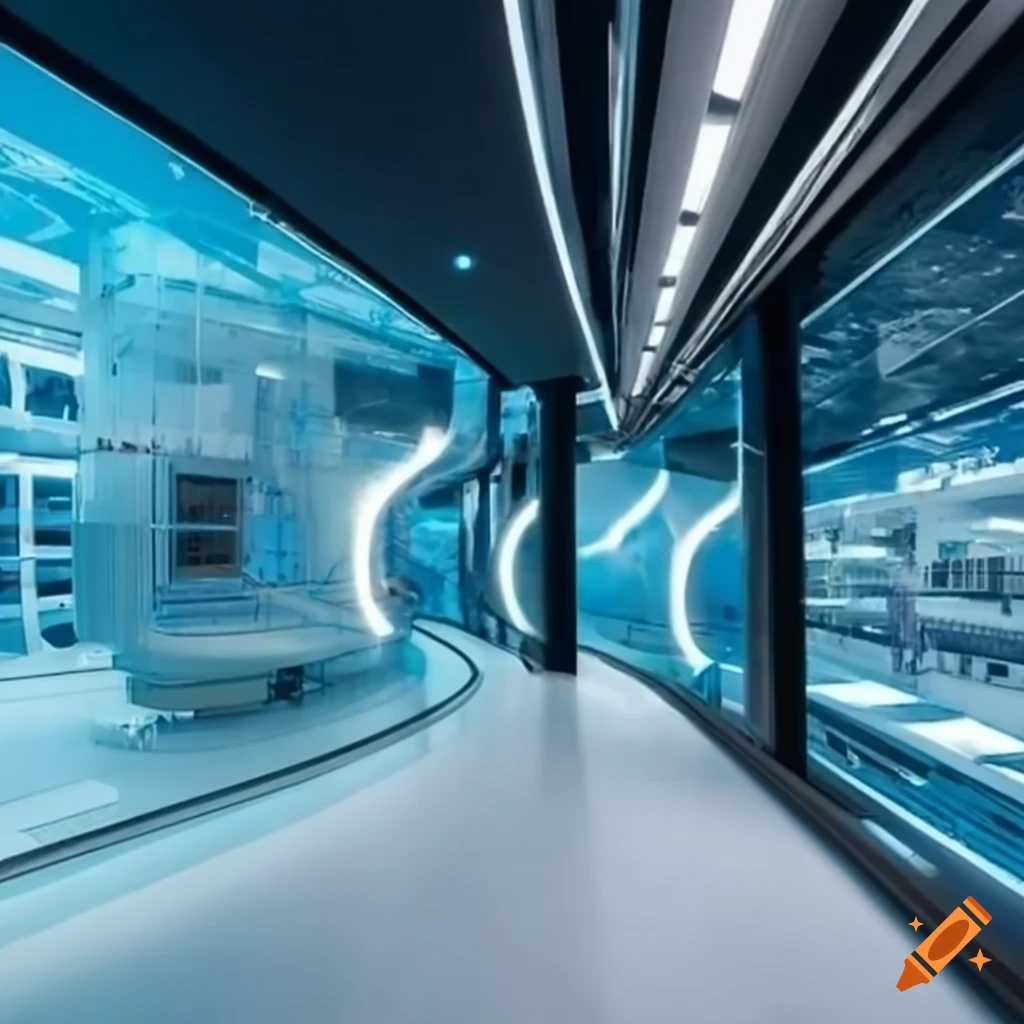 Large Interior of a futuristic high-tech facility with stunning views ...