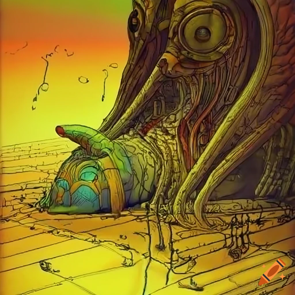 Yellow and green moebius bio machine art on Craiyon