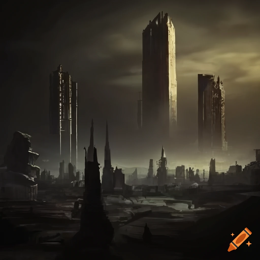 A post-apocalyptic cityscape in ruins