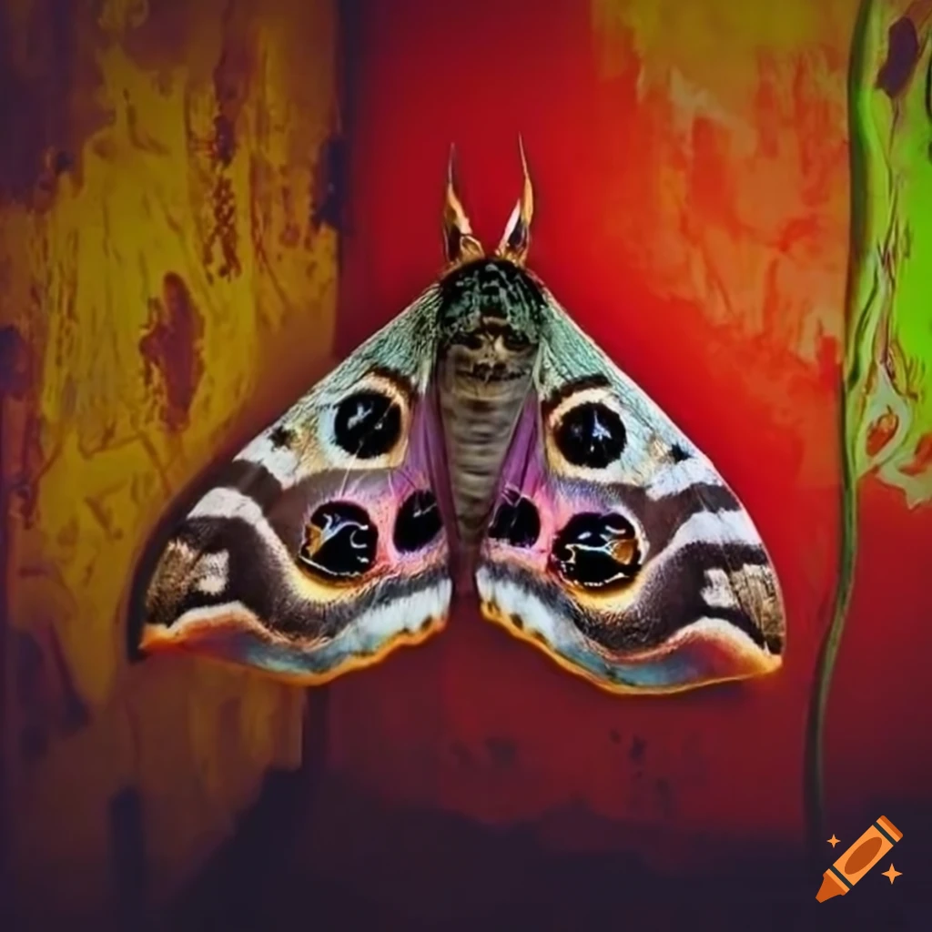 Surreal image: a dead emperor moth in the corner of a colorful room