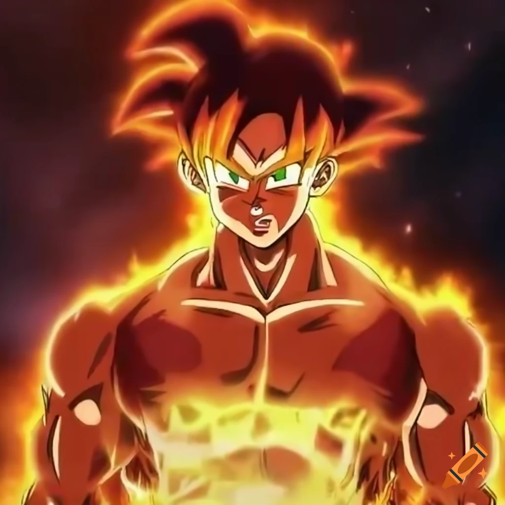 Goku unleashing his full power with a fiery aura