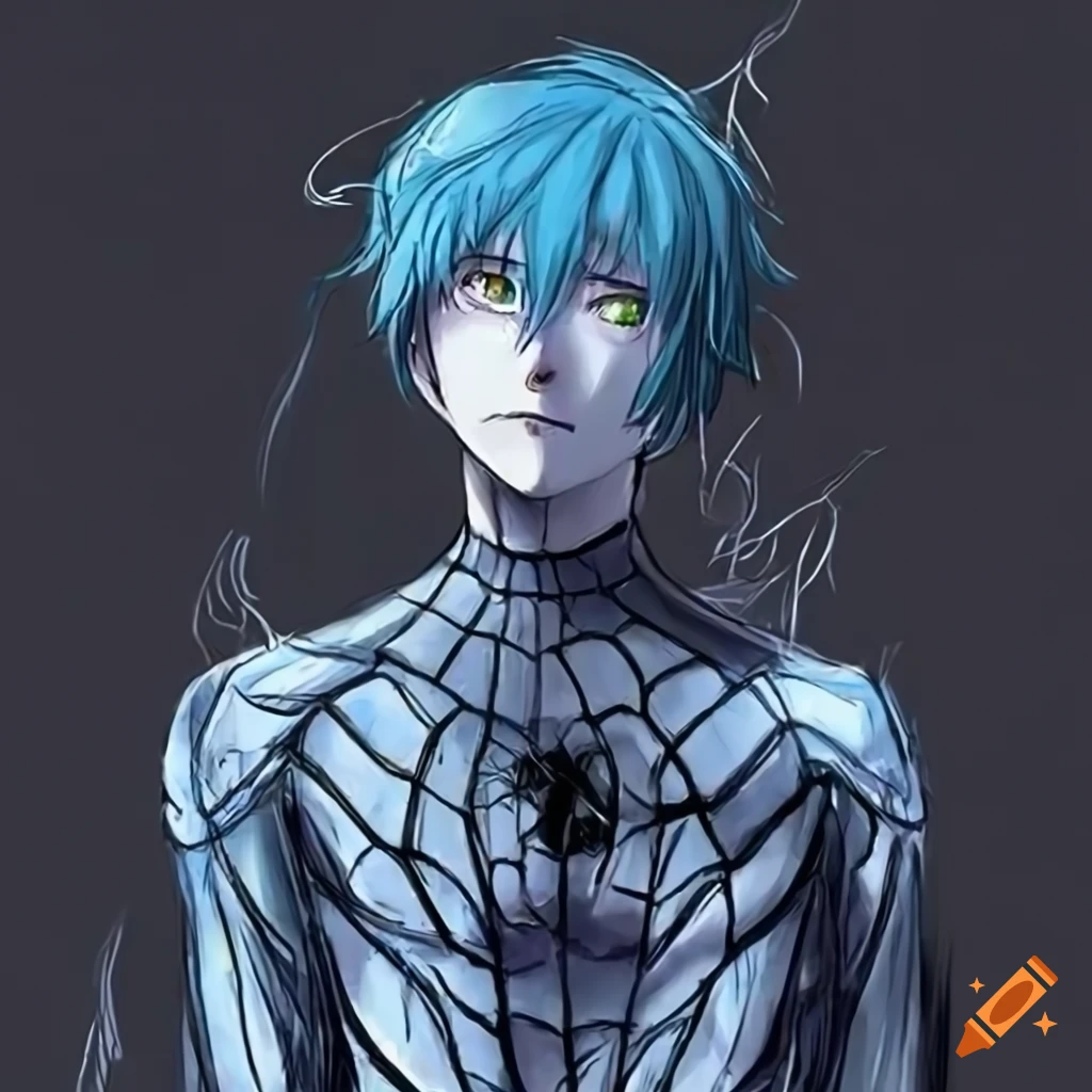 Anime character with spiderman suit without mask with blue hair on Craiyon