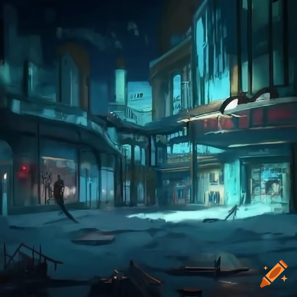 Deserted shopping mall plaza after the apocalypse on Craiyon