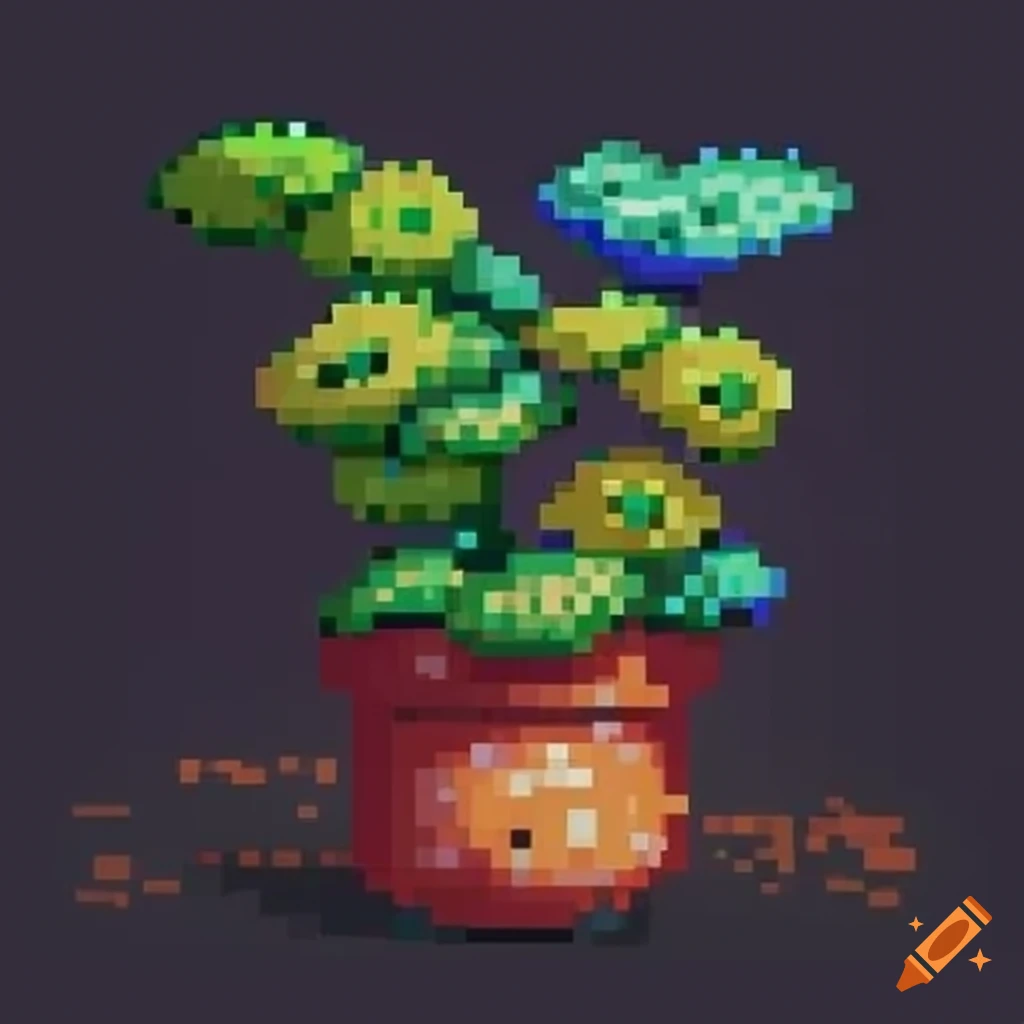 Pixel art of a vibrant plant thriving in a tiny pot