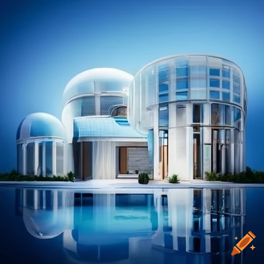 Modern mansion, utopian style, white and light blue