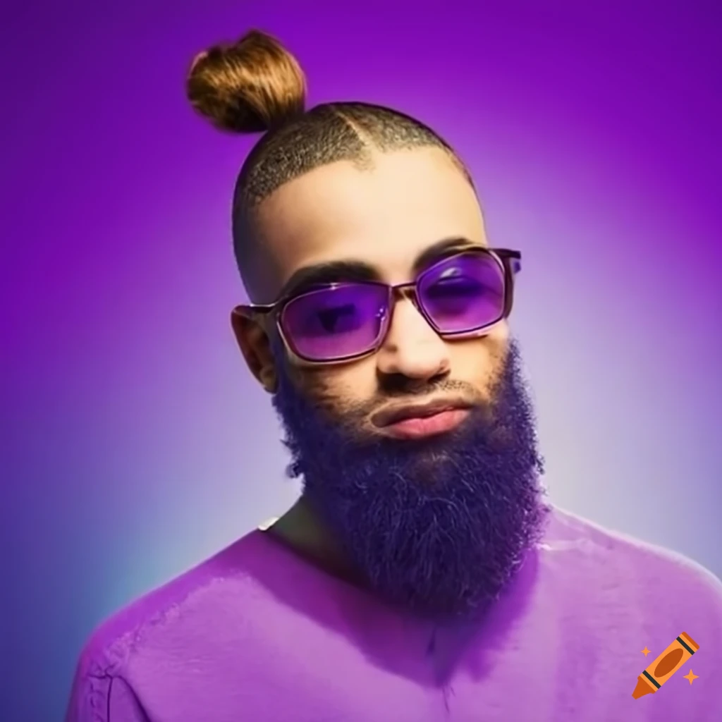 A stylish rapper man with a bun and beard on a purple planet on Craiyon