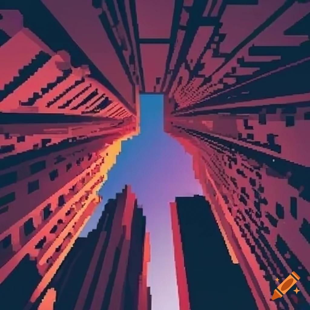 Looking up at a pixelated city on Craiyon