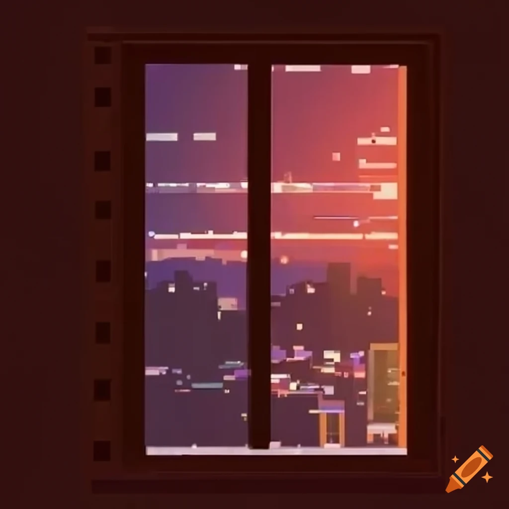 Pixel window looking out into a city on Craiyon